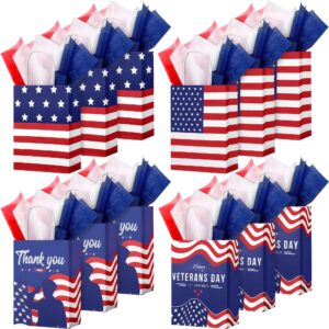 mimind 12 pieces veterans day gift bags with handle patriotic gift bags with 24 red blue white tissue paper thank you veterans goodie gift treat bags for veterans day memorial day independence day