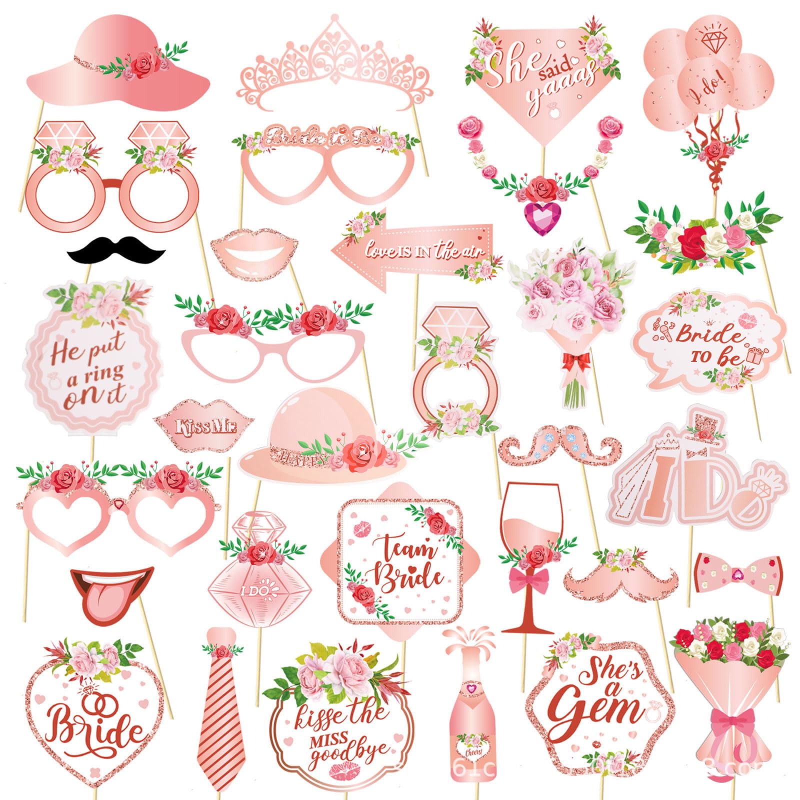 33PCS Bridal Shower Photo Booth Props,Pink Bachelorette Photo Props for Bachelorette Party Decorations