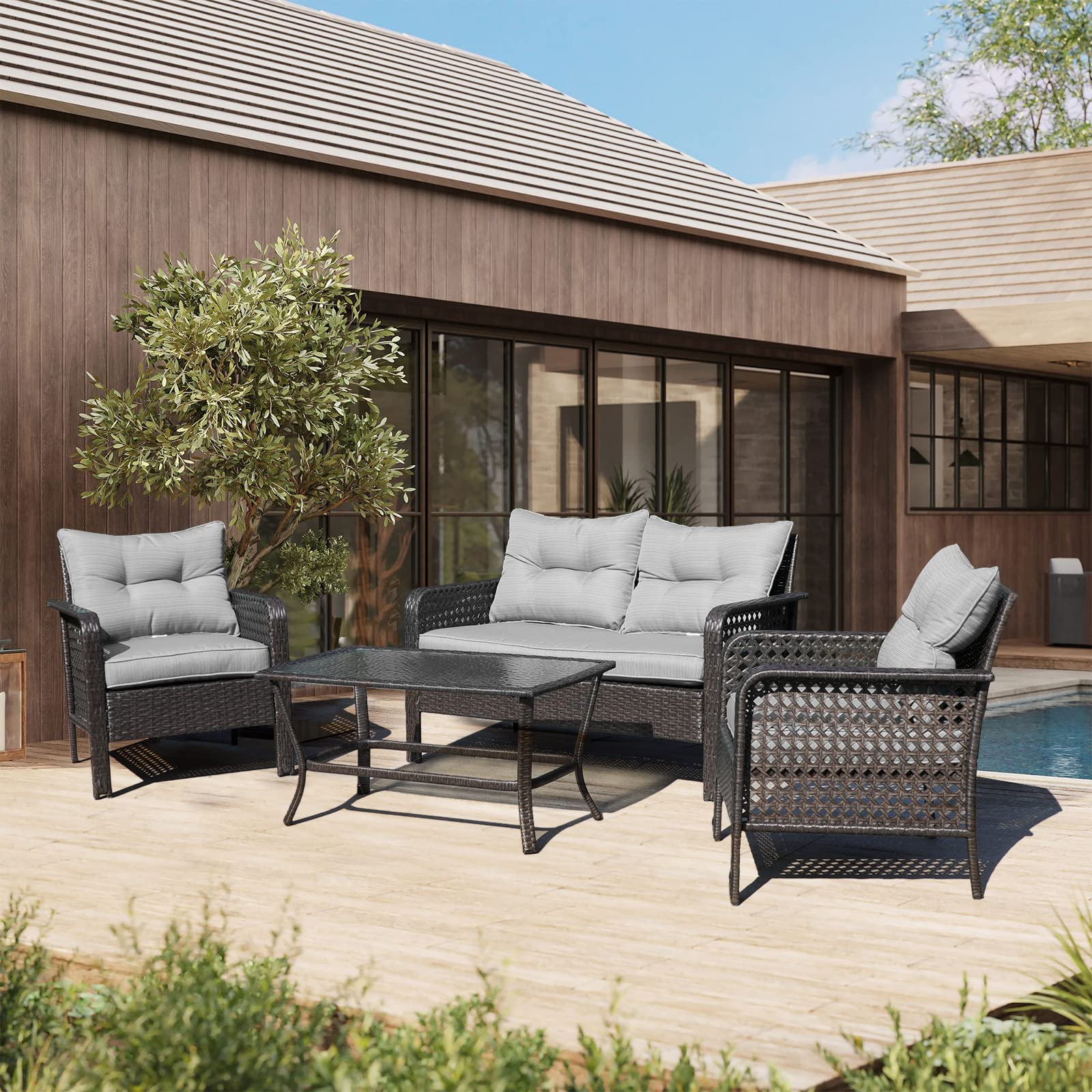 Patio Furniture Set Outdoor Furniture - 4 Pieces Wicker Patio Conversation Sets with Loveseat, Rattan Seating Outside Patio Set Coffee Table Chair for Lawn, Deck, Balcony, Backyard. (Light Grey)