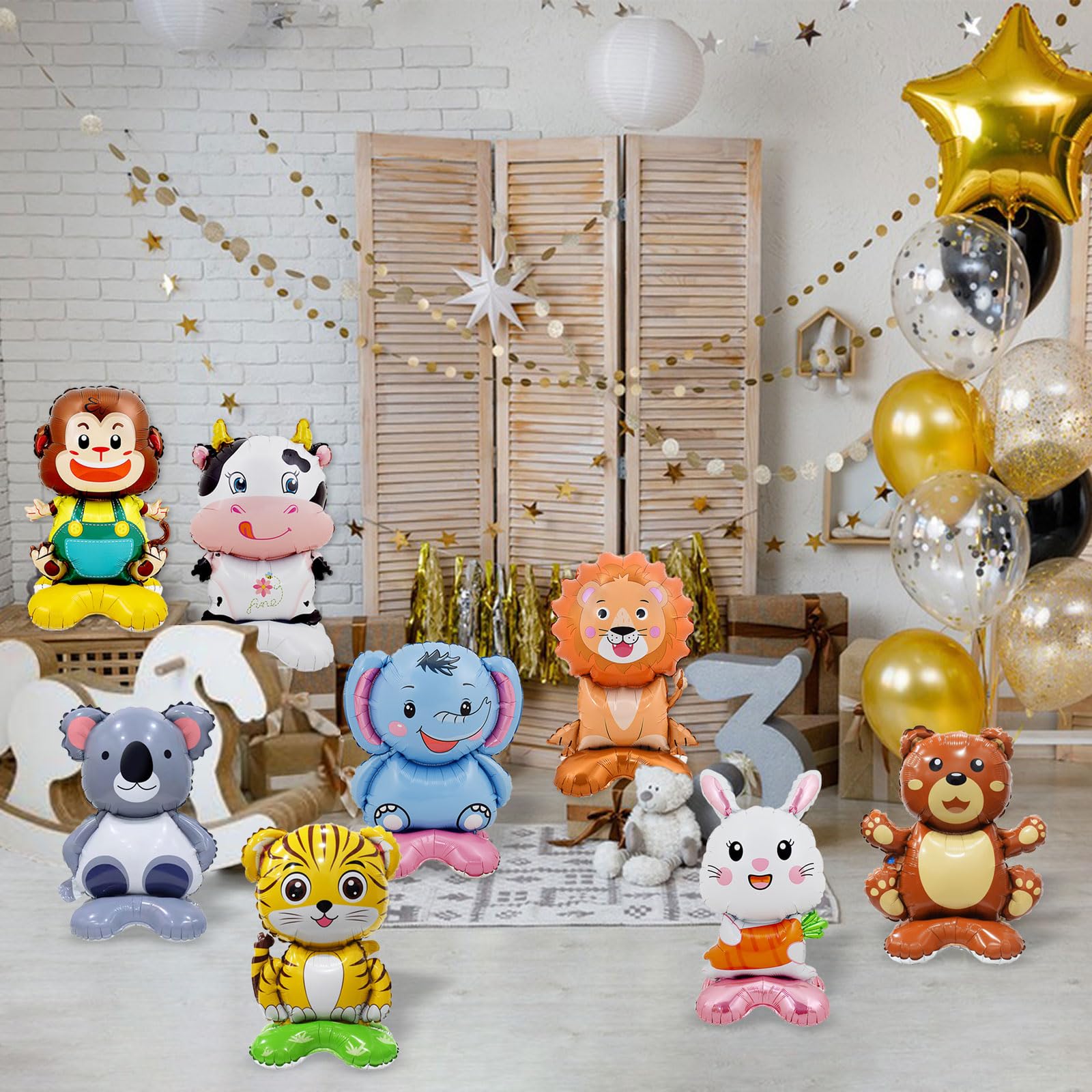 Animal Balloons - 8 Pcs Standing Cute Animal Lion Bear Cow Monkey Koala Tiger Elephant Bunny Foil Balloons Jungle Safari Animal Zoo Themed Baby Shower Birthday Party Decorations