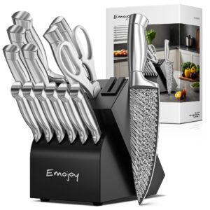 knife set,emojoy 15 pieces kitchen knife set with block, knife block set with built-in sharpener,high carbon stainless steel sharp chef knife set with hollow handle