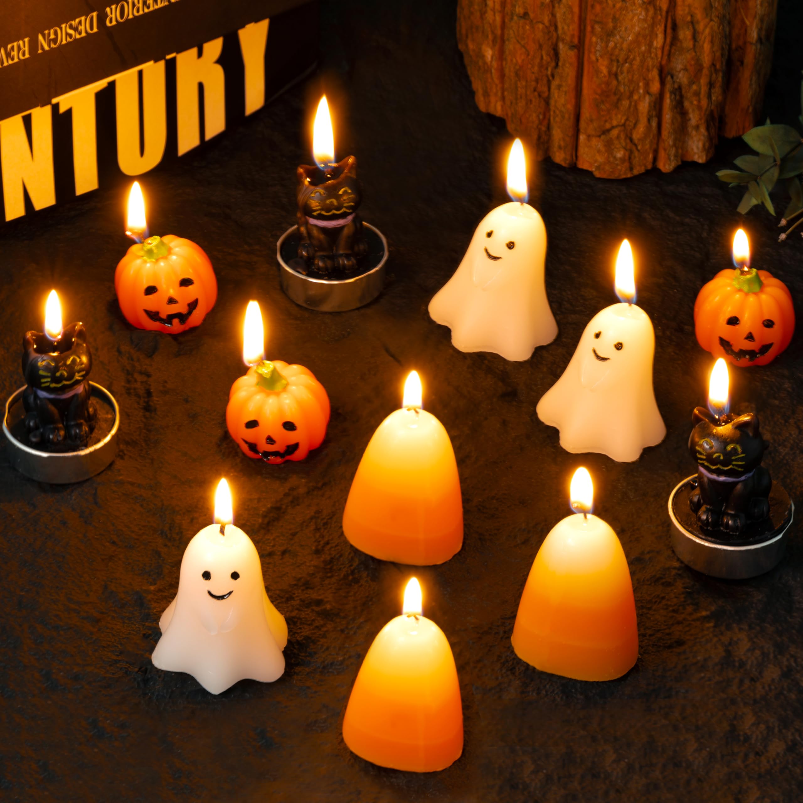 CNhoqc 12pcs Halloween Candy Corn Pumpkin Black Cat Ghost Mini Candles, Scented Halloween Tealight Candles Tabletop Decor, Cute Wax Pumpkin Face Mini Candle for Fall Halloween Party Supplies