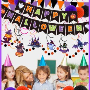 Happy Halloween Banner Halloween Party Decorations Indoor, Paper Pom Poms Triangle Flag Halloween Sign Hanging Garland Swirls Halloween Streamers for Trunk or Treat Decorations