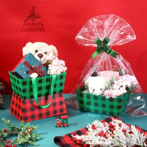 24 Pcs Christmas Baskets For Gifts Empty Gift Basket Kit with 24 Plastic Bags and 24 Pull Bows DIY Gift Packages 9.8 x 6.5 x 4.3 Inch Cardboard Basket for Xmas Birthday (Red Green,Buffalo Style)