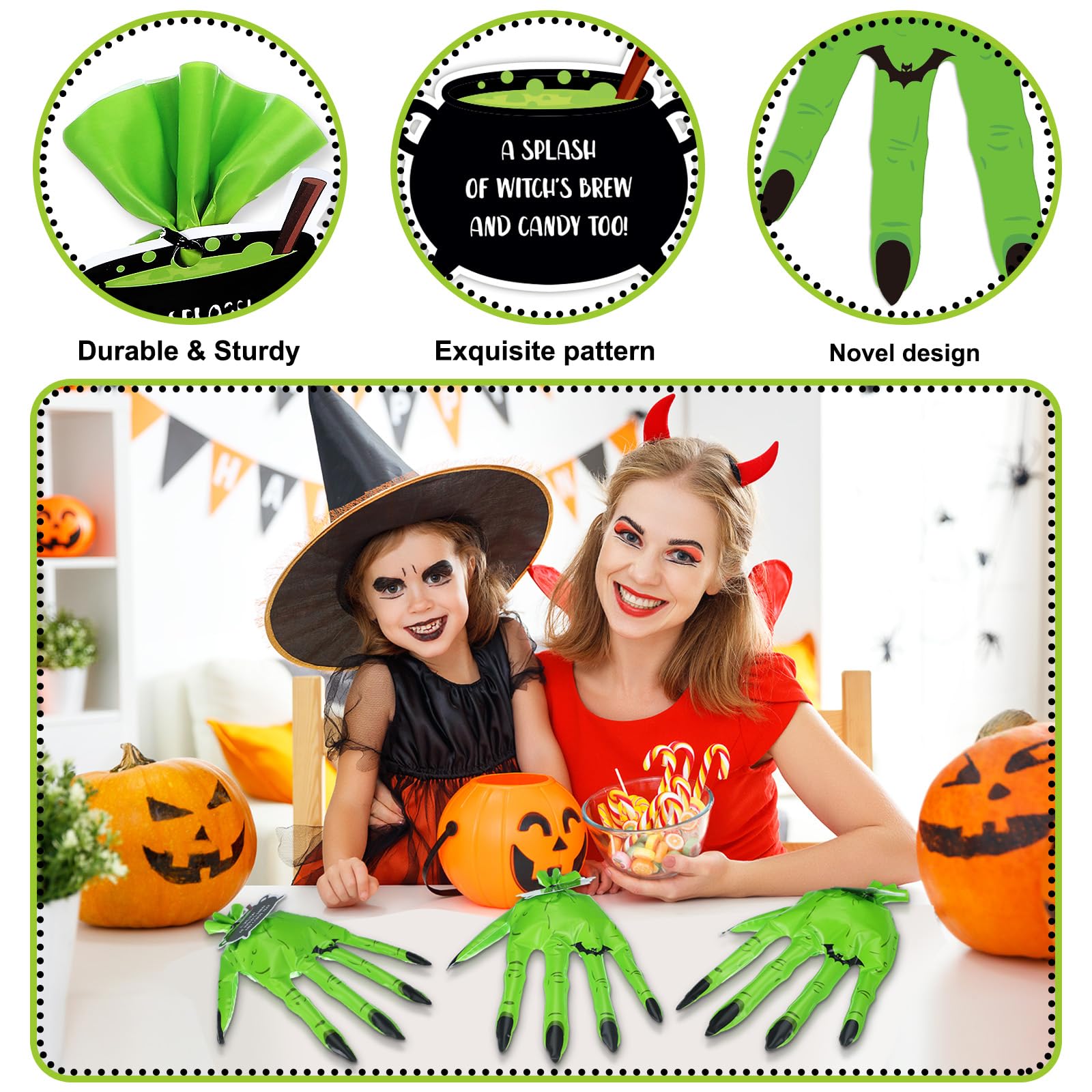 MotiMind 50 Pcs Halloween Treat Bags Trick or Treat Goodie Bags Witch Hand Shaped Candy Bag with Twist Ties Brew Cauldron Card, Snack Cookie Bag for Trick or Treat Halloween Party Favors Supplies