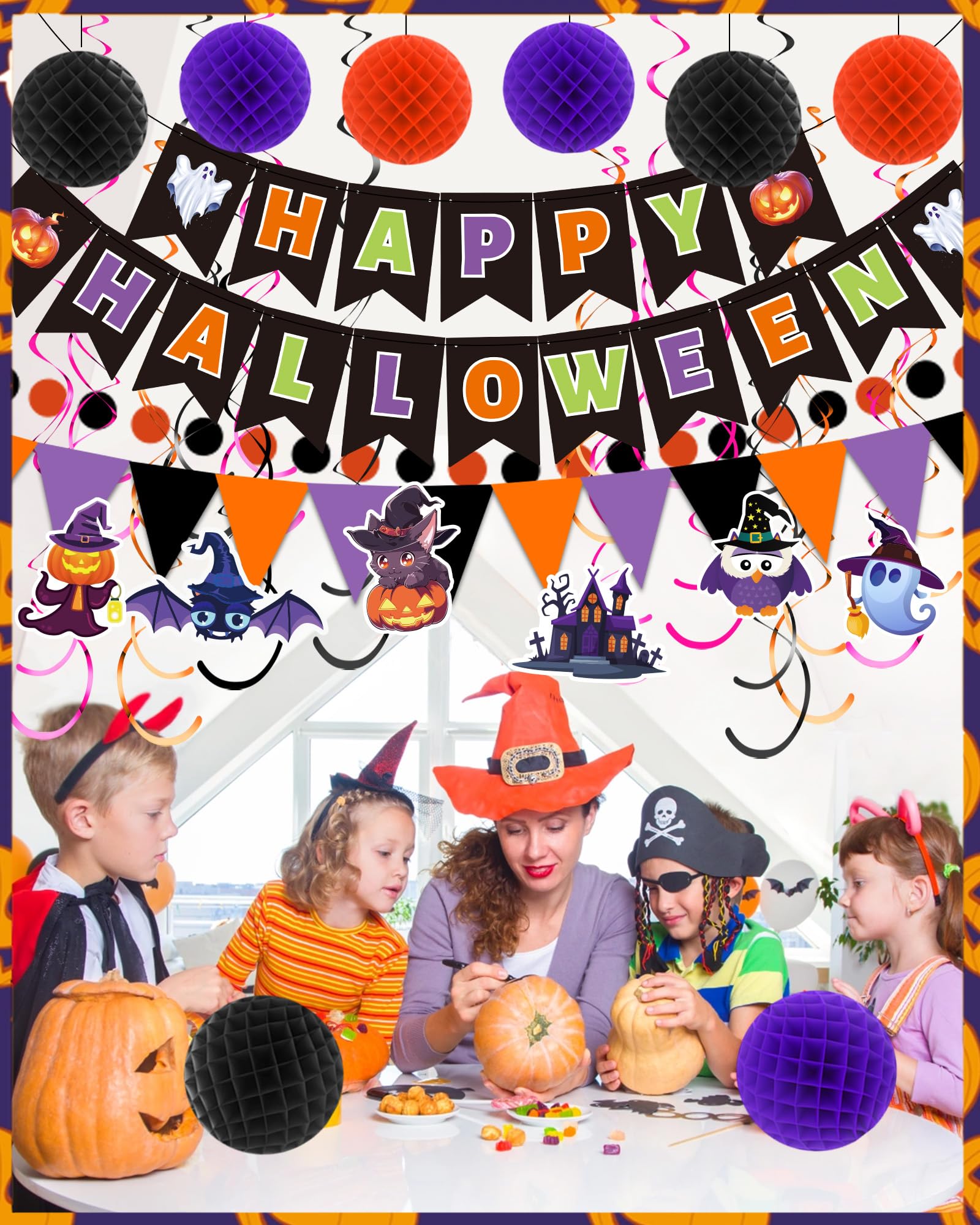 Happy Halloween Banner Halloween Party Decorations Indoor, Paper Pom Poms Triangle Flag Halloween Sign Hanging Garland Swirls Halloween Streamers for Trunk or Treat Decorations