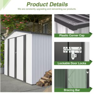 SumKea 8ftx6ft Tool Shed Outdoor Storage, Galvanized Steel Metal Shed, Tool Shed Equipped with Vents and Lockable, Outdoor Tool Shed Ldeal for Backyards, Patio, Gray White