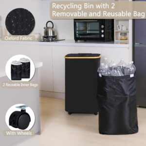 efluky Recycle Bins for Kitchen 100L (26 Gallon), Recycling Bin with Wheels and 2 Removeable and Reusable Inner Bags, Kitchen Recycling bin with lid for Bottle Can Plastice Stickers, Black