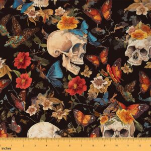 feelyou sugar skull fabric by the yard 2 yards botanical flowers print decorative waterproof outdoor fabric butterfly gothic skeleton upholstery fabric halloween themed diy reupholstery fabric