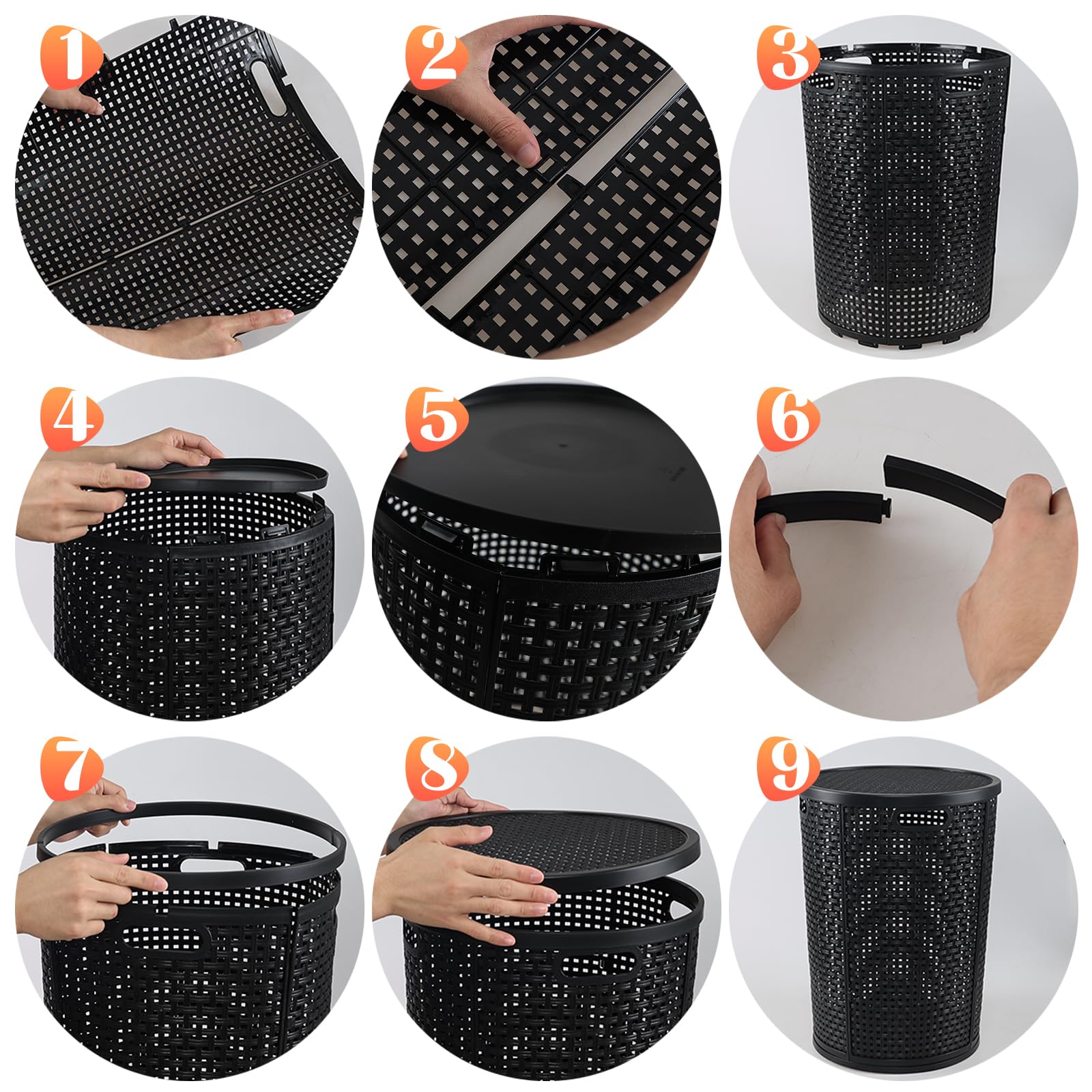 Joyeen 6 Pack 50 L Plastic Laundry Basket with Lid, Round Dirty Clothes Hamper, Black