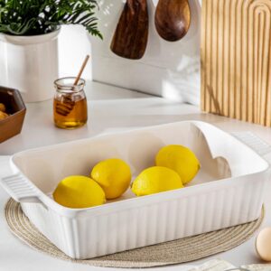 MALACASA 4.4 QT Baking Dish, 9x13 Large Casserole Dish for Oven, Ceramic Baking Pan, Rectangular Lasagna Pan Deep with Handles for Baking, Durable Microwave Oven Safe, White, Series BAKE-BAKE