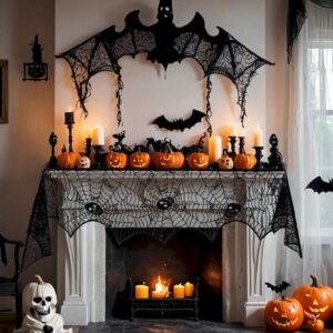 habbiful halloween mantle scarf for table window indoor curtain kitchen decoration halloween mantle cover black lace spiderweb mantle scarf for halloween fireplace gothic party home decoration