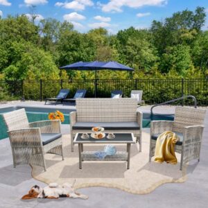 fulljojor 4 piece patio furniture set, rattan chairs with coffee table, wicker loveseat outdoor furniture, small patio conversation sets for balcony porch garden pool, beige/gray