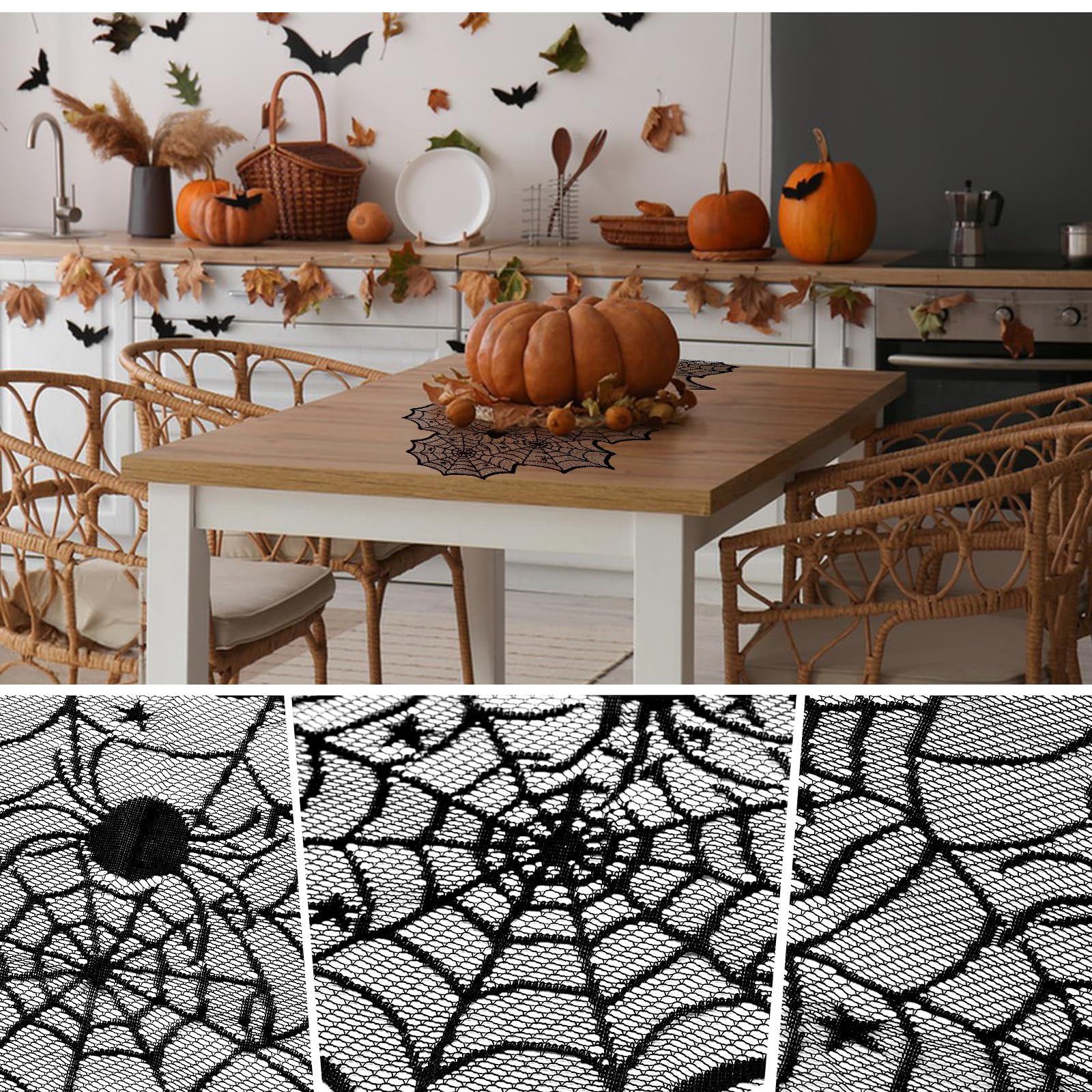 Halloween Decorations Indoor Set, 52pcs Halloween Party Decorations, Halloween 3D Bats |Spiderweb Table Runner & Cobweb Fireplace Mantel Scarf | Spooky Happy Halloween Banner for Home Indoor Decor