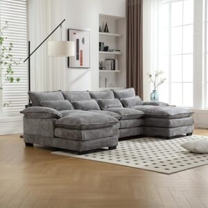 Oversized Modular Sectional Sofa Cloud Couch, Modern Chenille Upholstered Corner Couch, Comfy Boucle Sleeper Sofa&Couches with Double Chaise & Waist Pillows and Memory Foam for Living Room