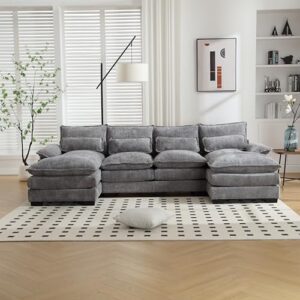 Oversized Modular Sectional Sofa Cloud Couch, Modern Chenille Upholstered Corner Couch, Comfy Boucle Sleeper Sofa&Couches with Double Chaise & Waist Pillows and Memory Foam for Living Room