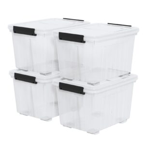 zopnny 30 quart plastic stacker box, large storage bin container with latching lids and wheels for home and garage organizing, shoes, tools, clear base, 4-pack