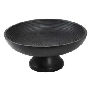 VHC Brands Ribbed Black Wooden Fruit Bowl 5.5x12x12, Kitchen Decor, Decorative Wooden Pedestal Bowl, Perfect Centerpiece for Table, Island, or Counter