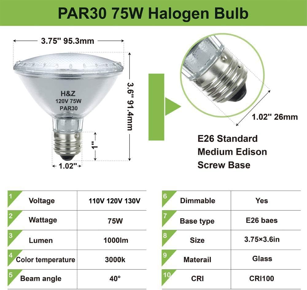 H&Z Par30 Short Neck, 6 Pack High Output Par30s Halogen 75W 120V, Par30 Dimmable Warm White 3000K, 75W Par30 Flood Light with E26 Medium Base for Recessed Trim Lighting, Track Light