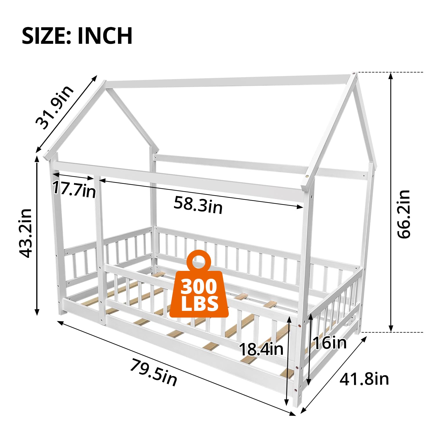 LLS Twin Montessori Floor Bed, Wooden Floor Bed Frame with Slats and Fence, House Bed for Boys Girls Bedroom, White