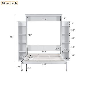 Merax Queen Size Murphy Bed, Queen Wall Bed Frame with Shelves and LED Lights, White