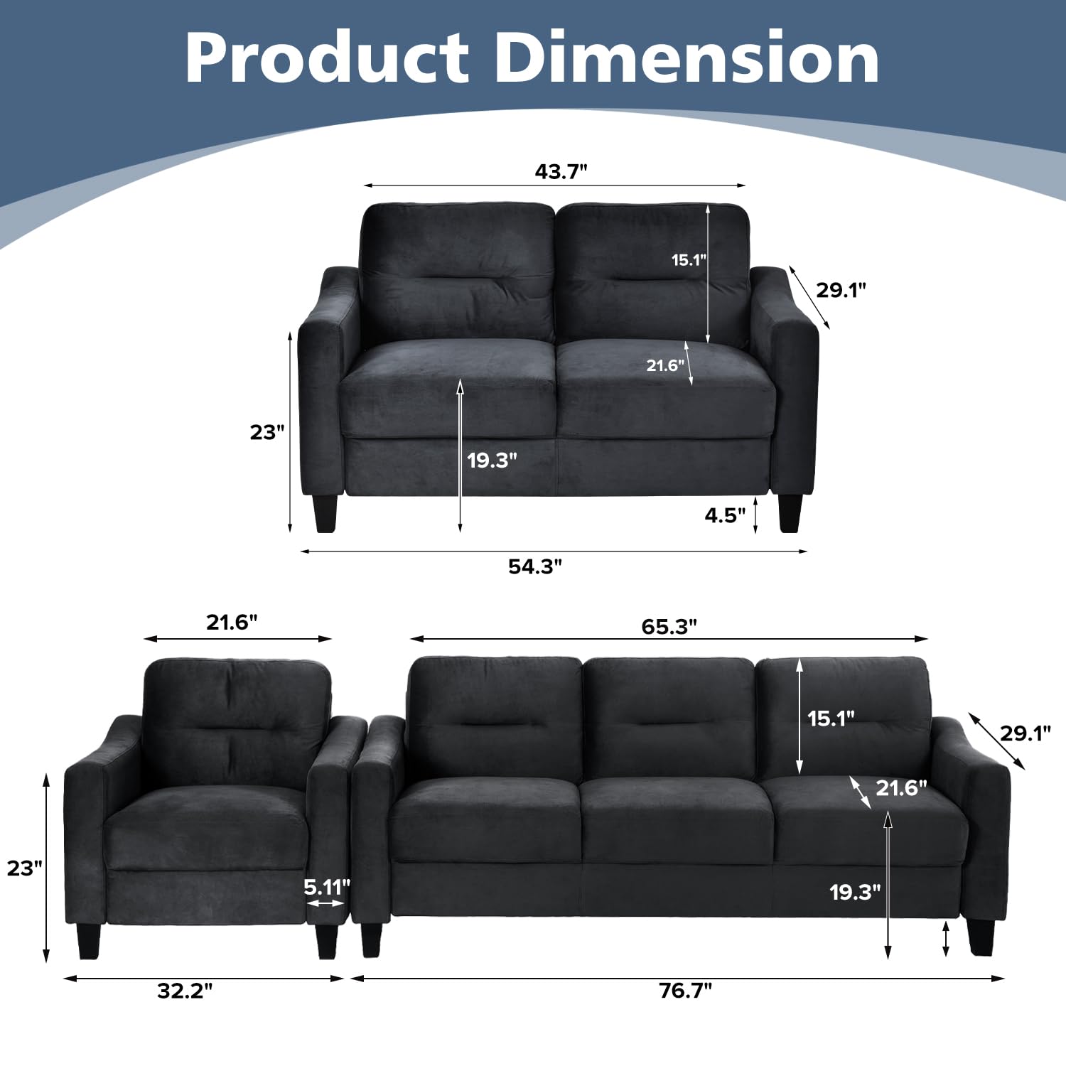 3 Pieces Living Room Furniture Sets, Including 3-Seater Sofa, Loveseat and Armchair, Upholstered Sectional Sofa&Couch with Cushion Backrest, Comfy Sofa Couch for Living Room, Apartment, Lounge Room