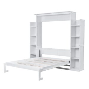 Merax Queen Size Murphy Bed, Queen Wall Bed Frame with Shelves and LED Lights, White