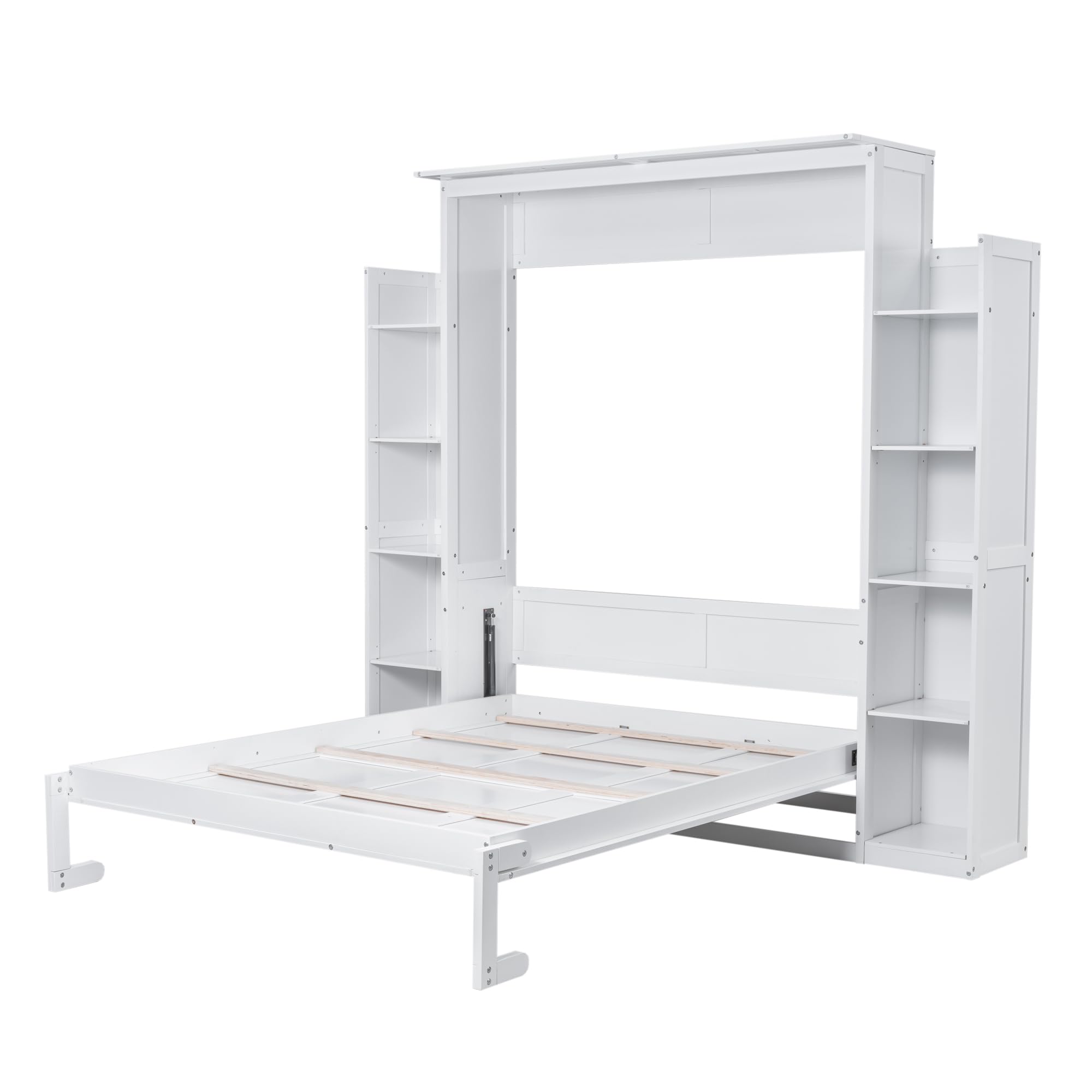 Merax Queen Size Murphy Bed, Queen Wall Bed Frame with Shelves and LED Lights, White