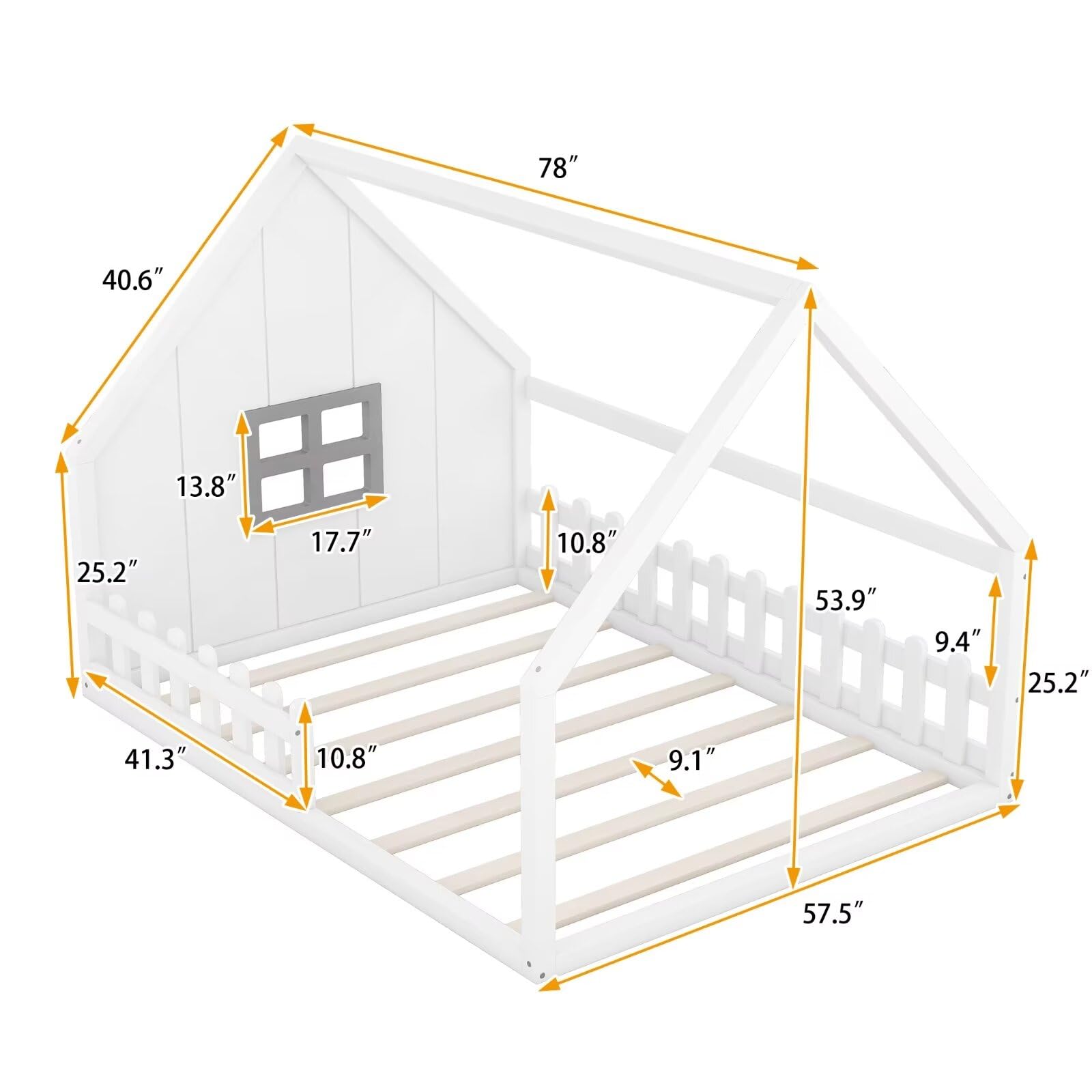 Merax Full Size House Bed for Kids,Wood Montessori Floor Bed with Fence and Window,Full Floor Bed with Rails for Girls Boys, White