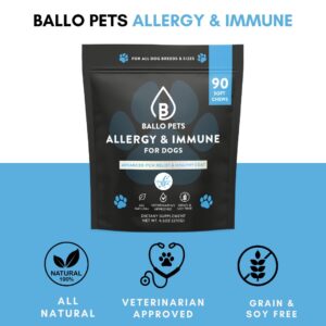 Ballo Pets Allergy & Immune Chews for Dogs - Itch Relief for Dogs - Dog Seasonal Allergies- Skin and Coat Supplement - Omega 3, Pumpkin Powder, Turmeric Root, Quercetin- 90 Soft Chews- Salmon Flavor