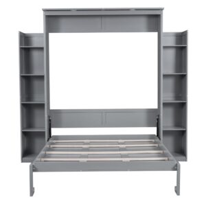 Merax Queen Size Murphy Bed, Queen Wall Bed Frame with Shelves and LED Lights, Gray