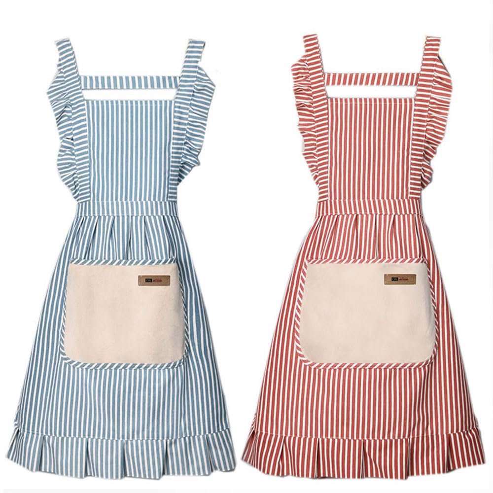 fvpxuus 2 Pack Kitchen Cooking Aprons Vest, Adjustable Bib Soft Chef Apron with 2 Pockets for Men Women The vest does not slip on the shoulders(Blue/Red Stripes)