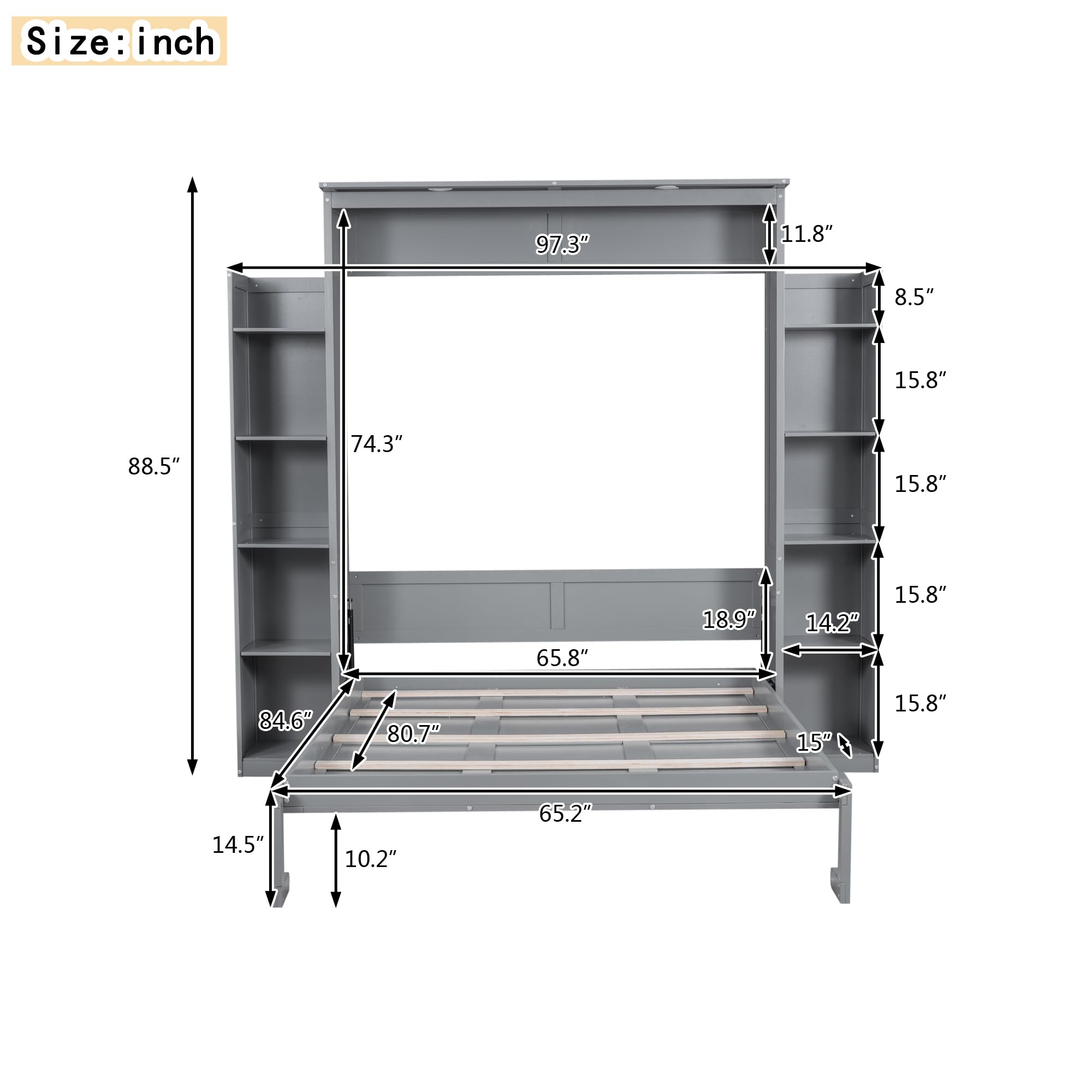 Merax Queen Size Murphy Bed, Queen Wall Bed Frame with Shelves and LED Lights, Gray