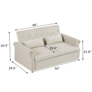 Anwick Modern Velvet Sleeper Sofa Bed,3 in 1 Convertible Futon Sofa Pull Out Couch Bed w/Adjustable Tufted Button Backrest,55''Recliner Loveseat for Living Room Bedroom Office (Beige, 55'')