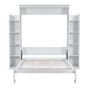 Merax Queen Size Murphy Bed, Queen Wall Bed Frame with Shelves and LED Lights, White