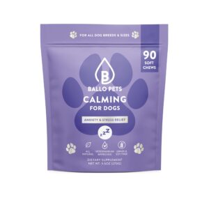 ballo pets calming chews for dogs | natural stress & anxiety relief for dogs - help manage fireworks, thunder, seperation – 90 soft chews with hemp, melatonin, chamomile, ashwaganda- chicken flavor