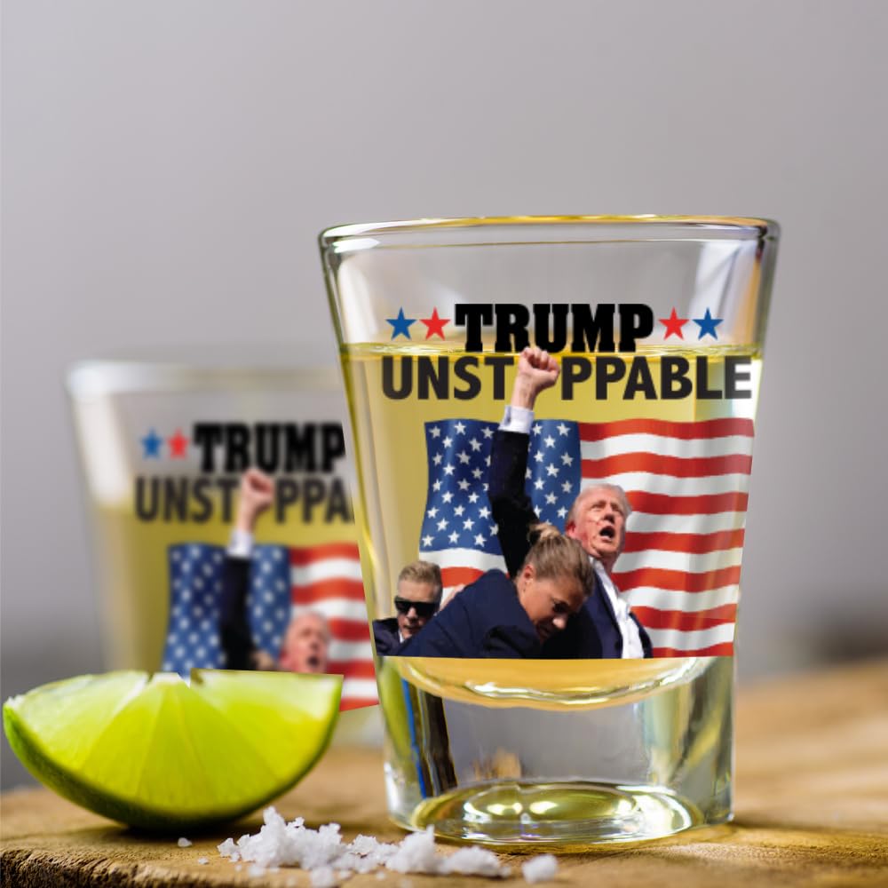 Trump Shot 2024 Trump Collectible Trump 2oz Shot Glass - Made in America & Dishwasher Safe! Trump Survived Shot Assassination Attempt Trump Rally Fist Pump Fight Patriotic Gift Trump Merchandise