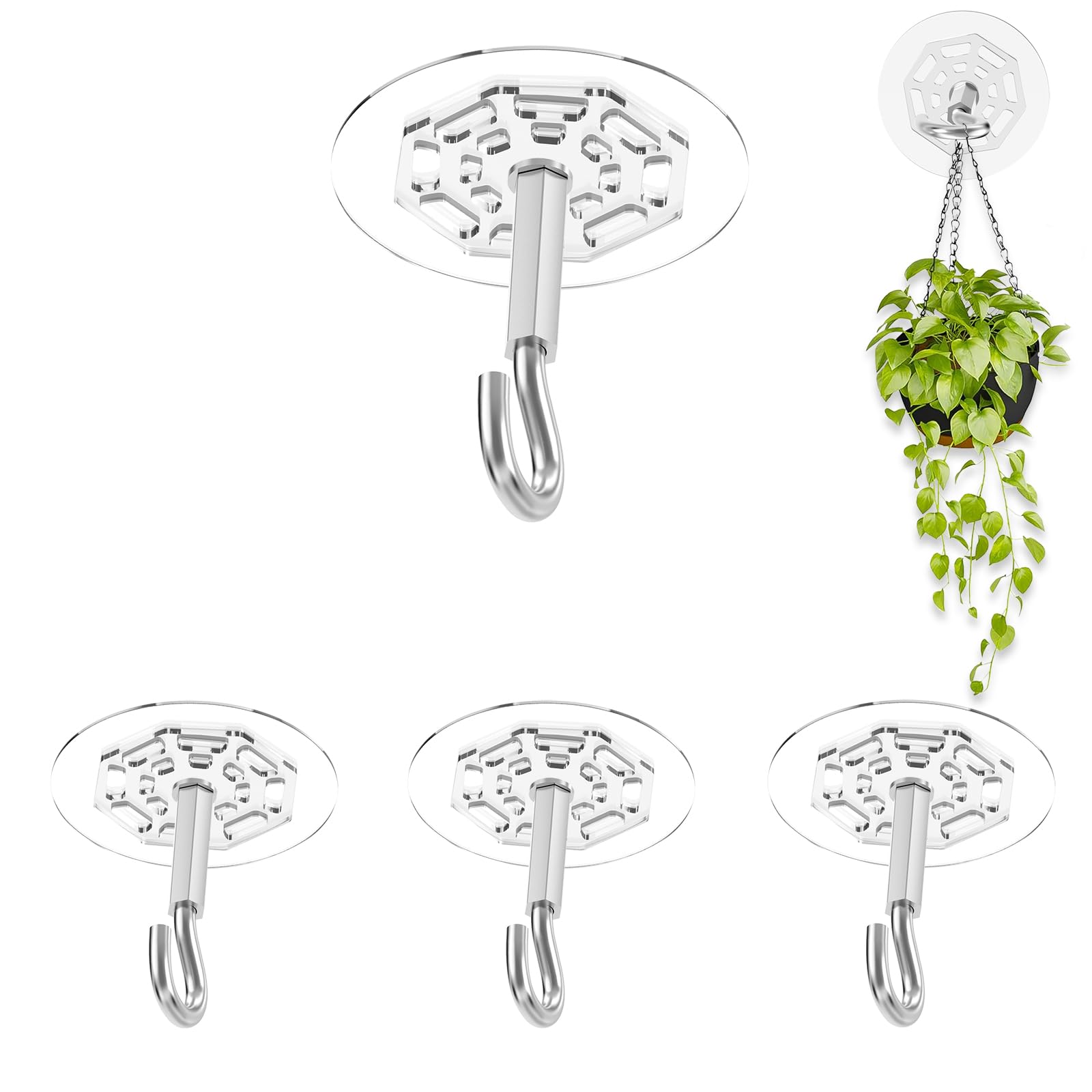 4 PCS Adhesive Ceiling Hooks, 30lbs Super Heavy Duty Command Ceiling Hanging Hooks, Strong No Drill Outdoor Sticky Ceiling Hanger for Hanging Plants Lanterns Wind Chimes Lights