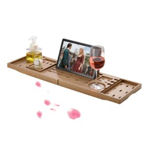 maochang bathtub tray, adjustable bathtub rack, made of waterproof and anti fall plastic with mirror and non-slip adhesive strip on the bottom, ladies favorite gift cherry