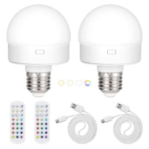 jioodich. 2 pack rechargeable battery operated light bulb with remote control，cordless dimmable led bulb with 3 timer settings, 15 colors selectable, wireless puck light bulb for wall sconce