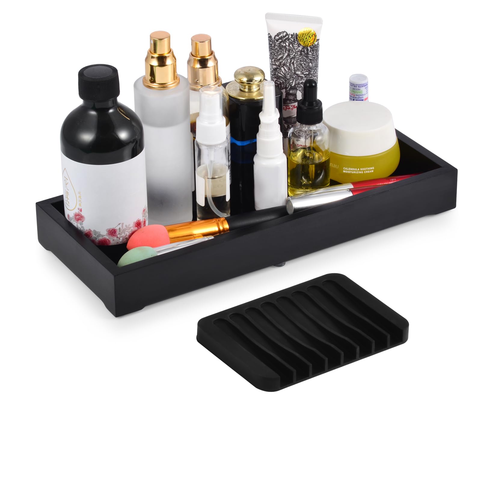 Bathroom Rectangle Tray, Toilet Top Organizer, Farmhouse Wooden Vanity Tray with Soap Tray, Toilet Tank Tray for Bathroom, Ideal Also as Jewelry, Perfume & Napkin Trays (Black, 4.8" W11.5 Lx1.2 H)