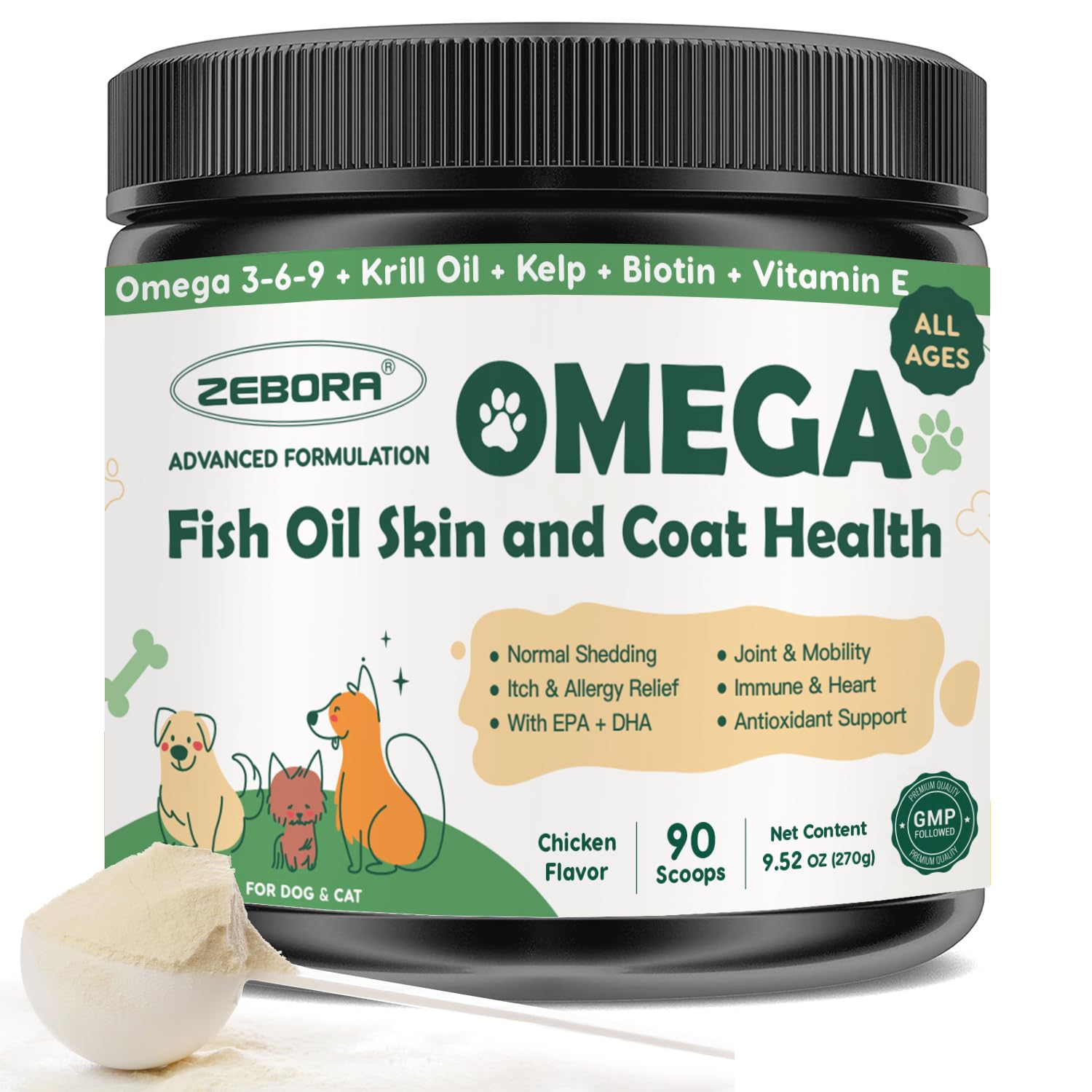 Omega 3 Fish Oil for Dogs, Dog Fish Oil Powder, Wild Caught Fish Oil, EPA&DHA, Krill Oil, Kelp, Dog Skin and Coat Supplement, Anti Itch & Shedding, Support Dry Skin, Joint Health, Dog Allergy Relief