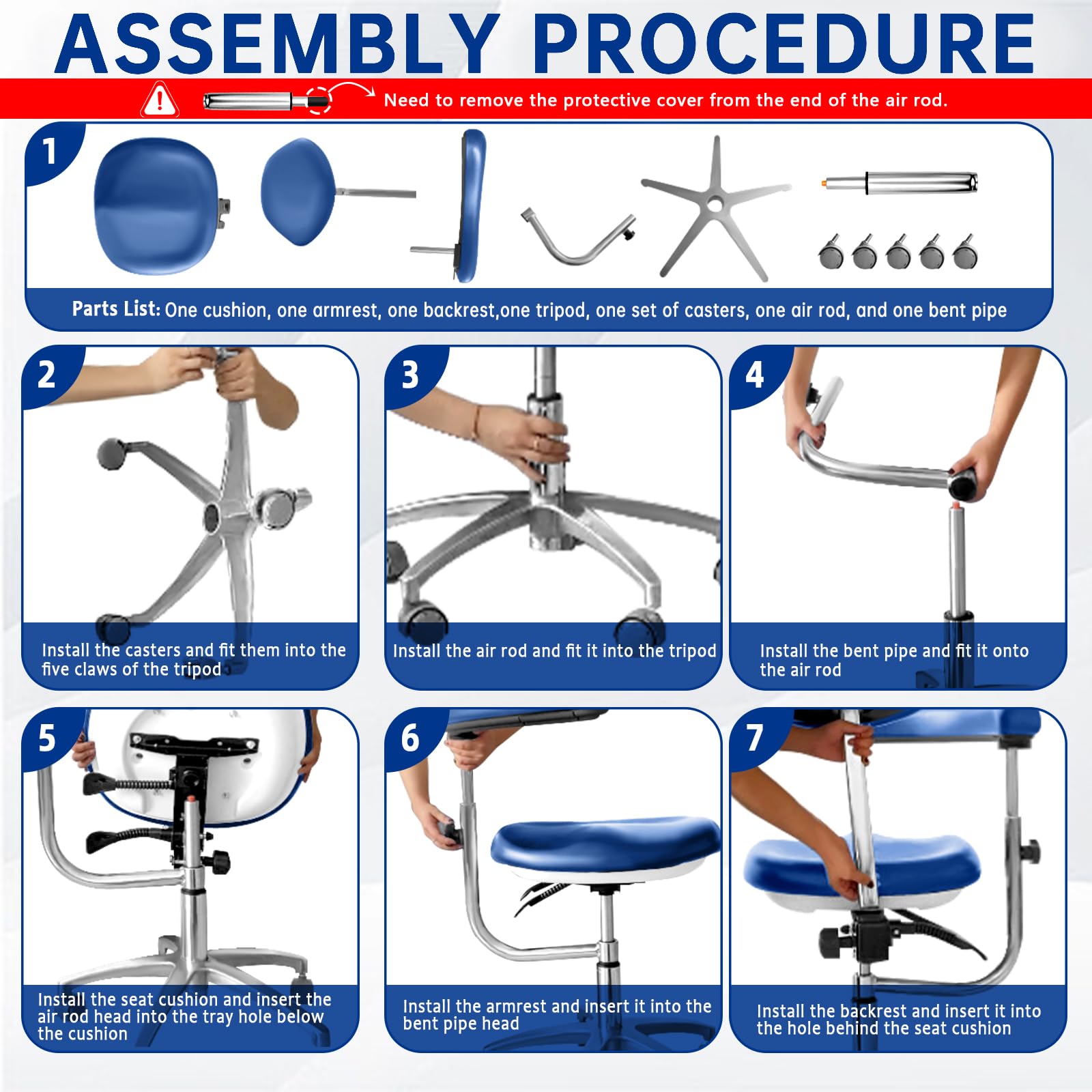 Medical Dental Assistant Chair with Swivel Armrests Rolling Medical Chair, Ergonomic, PU Leather Swivel Dentist Stool with Backrest for Clinic, Home, Laboratory, Blue