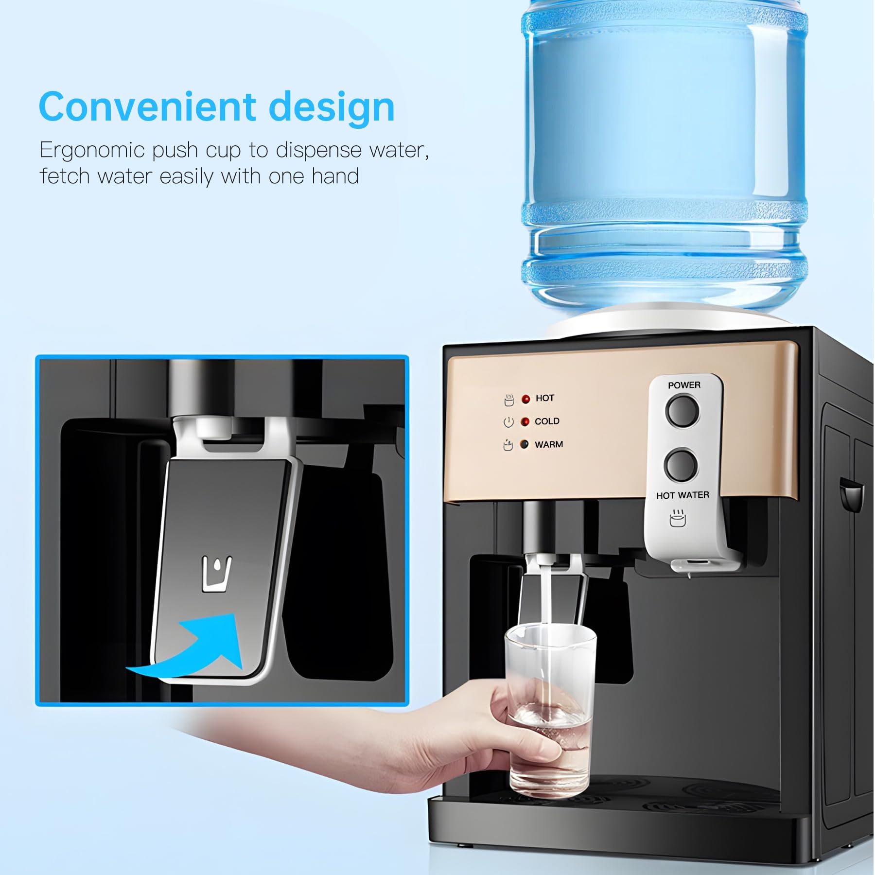 Water Dispenser, Top Loading Water Cooler for 1.2 to 5 Gallon, 3 Temperature Settings Room Temperature Water Cold Hot Water Dispenser, Bedside Water Dispenser for Home, Office, Dormitory Use