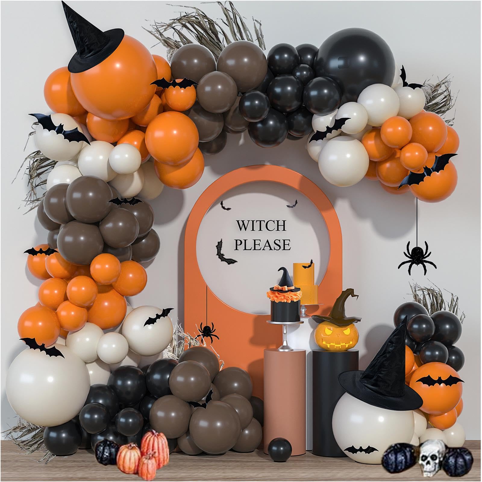 Halloween Balloon Garland Kit 124Pcs Orange Black Sand White Brown Balloons Arch with Wizard Hat 3D Bat Sticker Decoration Set for BOO Halloween Party Decorations