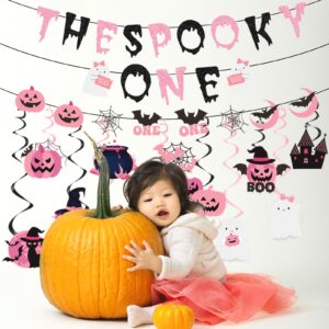 Gameza Halloween Birthday Party Decorations - 13PCS Glitter The Spooky One Birthday Decorations Girl Banner Hanging Swirls Pink Cute Ghost 1st Birthday Decor Set Little Boo Themed Party Supplies