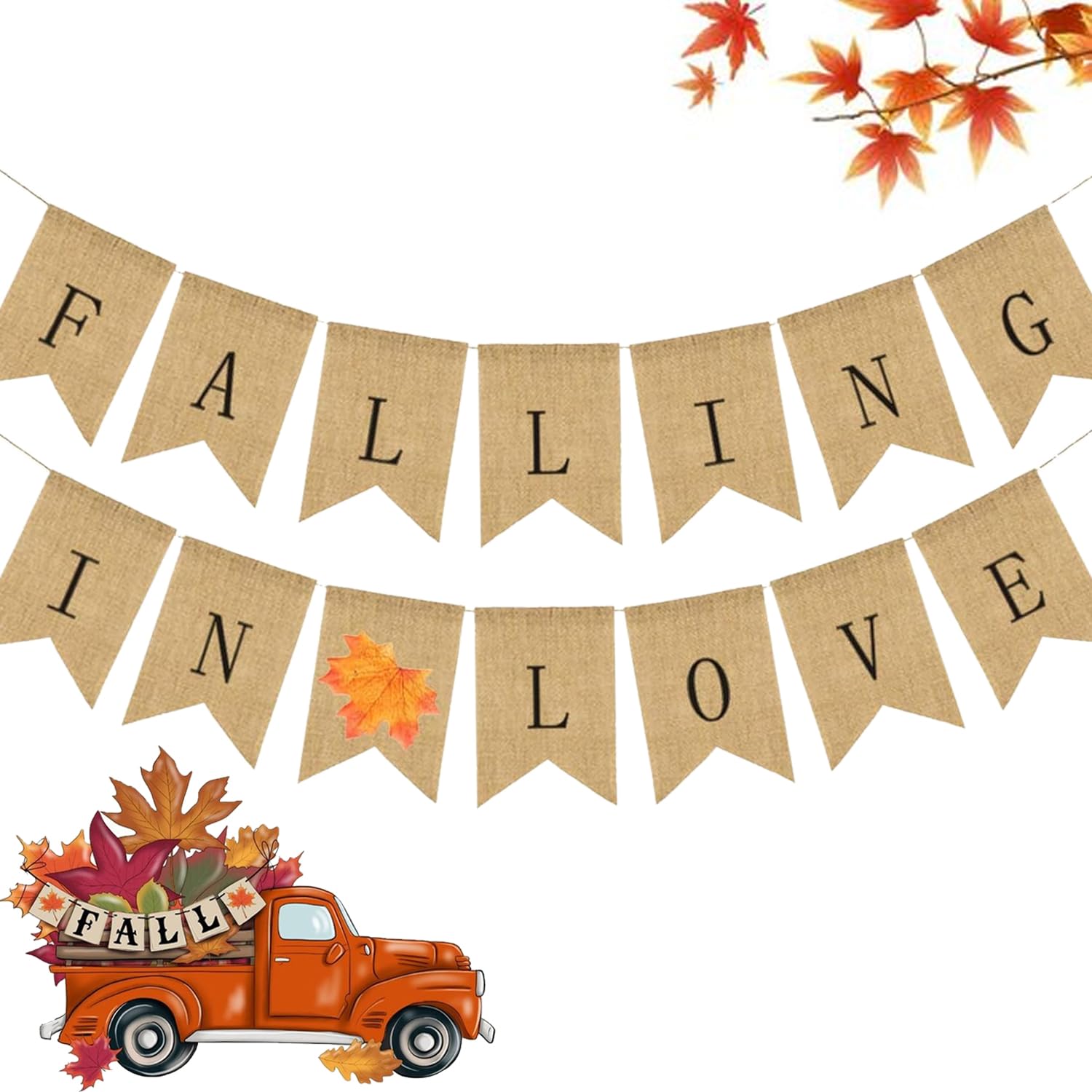 Falling in Love Banner, Thanksgiving Burlap Bunting Garland with Maple Leave Autumn Harvest Decorations for Wedding Bridal Baby Shower Engagement Anniversary Graduation Valentines Party Hanging Decor