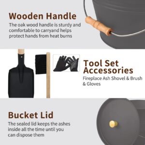 Poofzy Ash Bucket with Lid, 1.3 Gallon Ash Bucket for Fireplace, Metal Fireplace Bucket for Ashes Includes Shovel and Hand Broom for Wood Burning Stove and Fire Pit - Gray