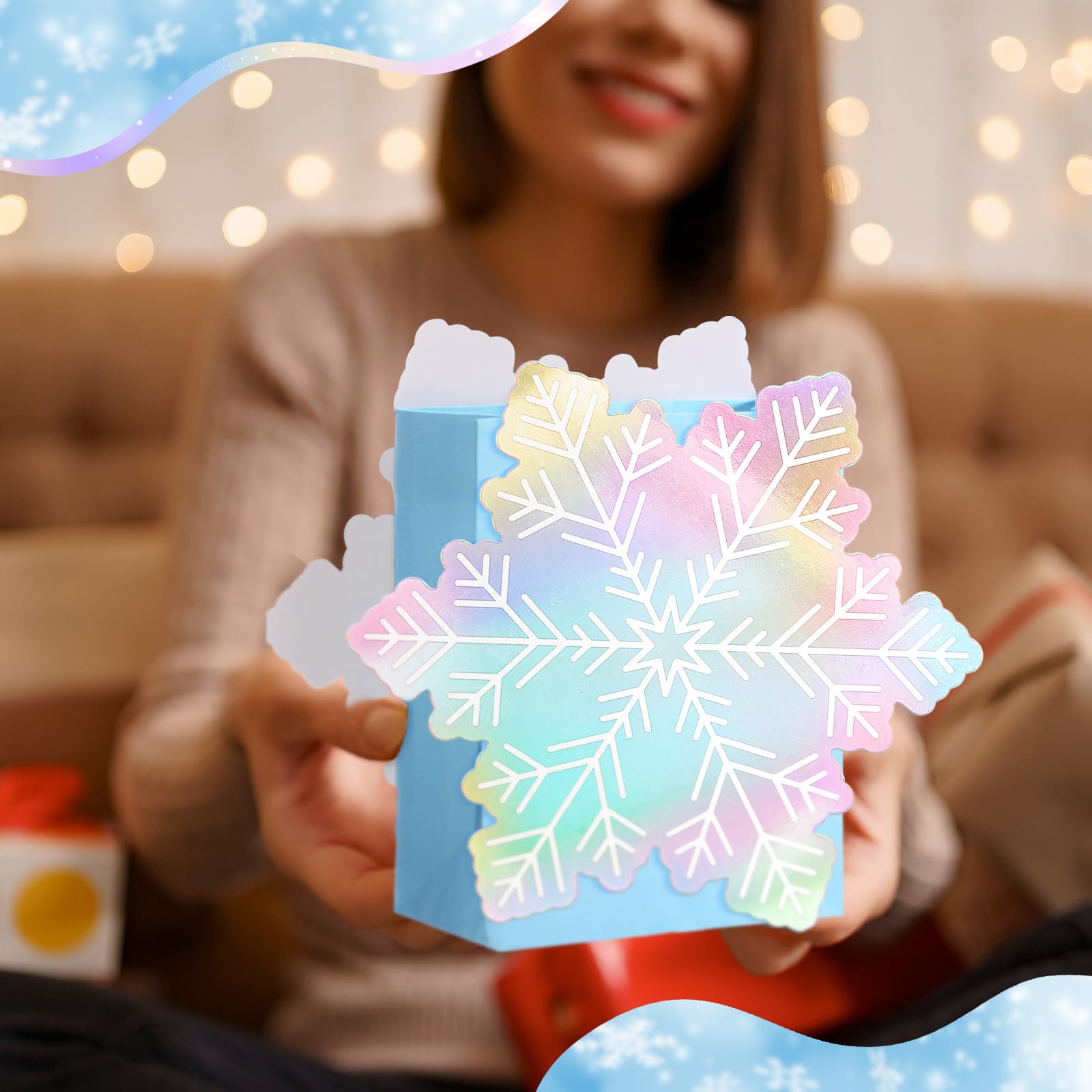 Kolldenn Christmas Iridescent Snowflake Gift Bags Holographic Frozen Goodie Bags Snowflake Party Favors Bags Winter Paper Bags with Handles for Xmas Winter Holiday Birthday(12 Pack)