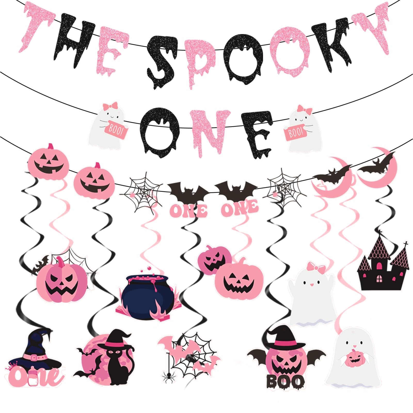 Gameza Halloween Birthday Party Decorations - 13PCS Glitter The Spooky One Birthday Decorations Girl Banner Hanging Swirls Pink Cute Ghost 1st Birthday Decor Set Little Boo Themed Party Supplies